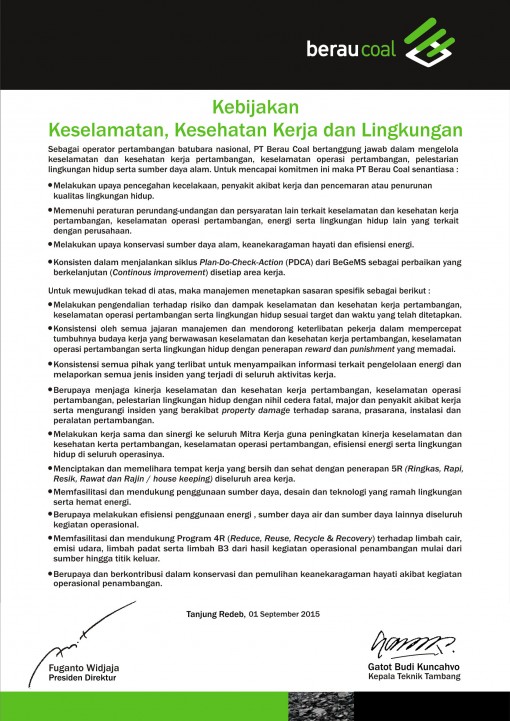 Berau Coal Energy | Kebijakan K3L